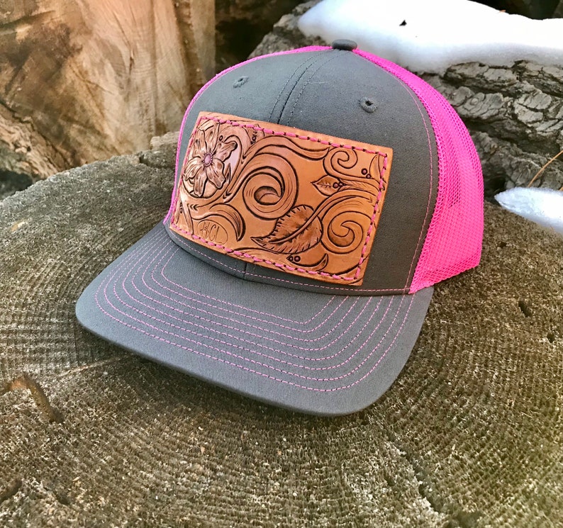 Hot Pink Trucker Hat With Tooled Leather Patch Leather Patch - Etsy