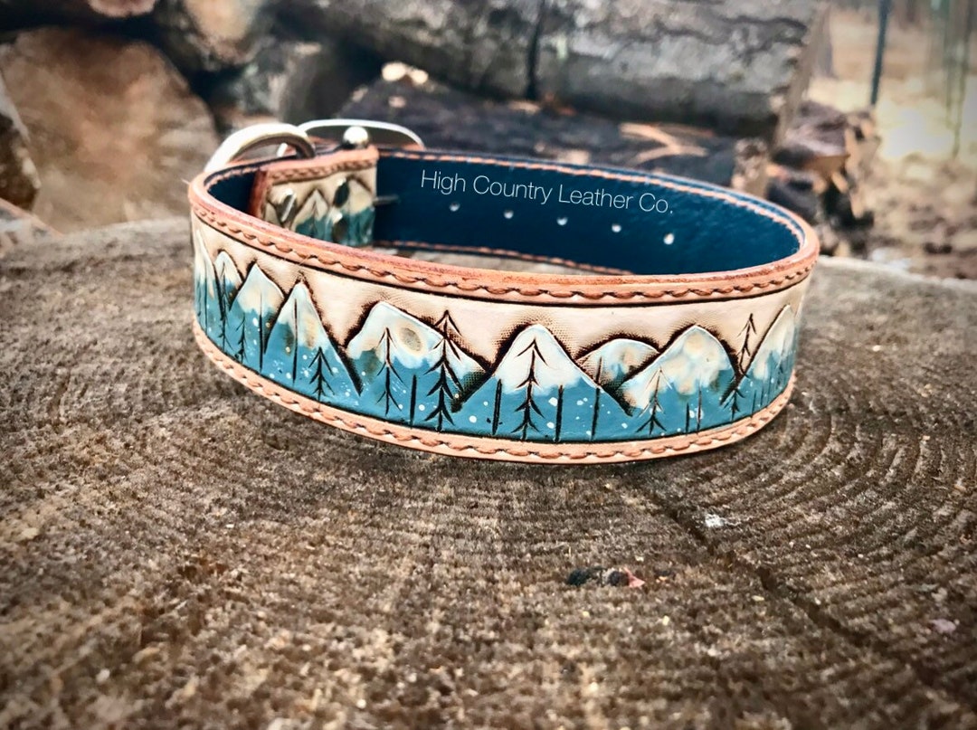 Dog Collar With Mountain, Leather Dog Collars, Rocky Mountain Range, Mountain Dog Collar, Custom ...