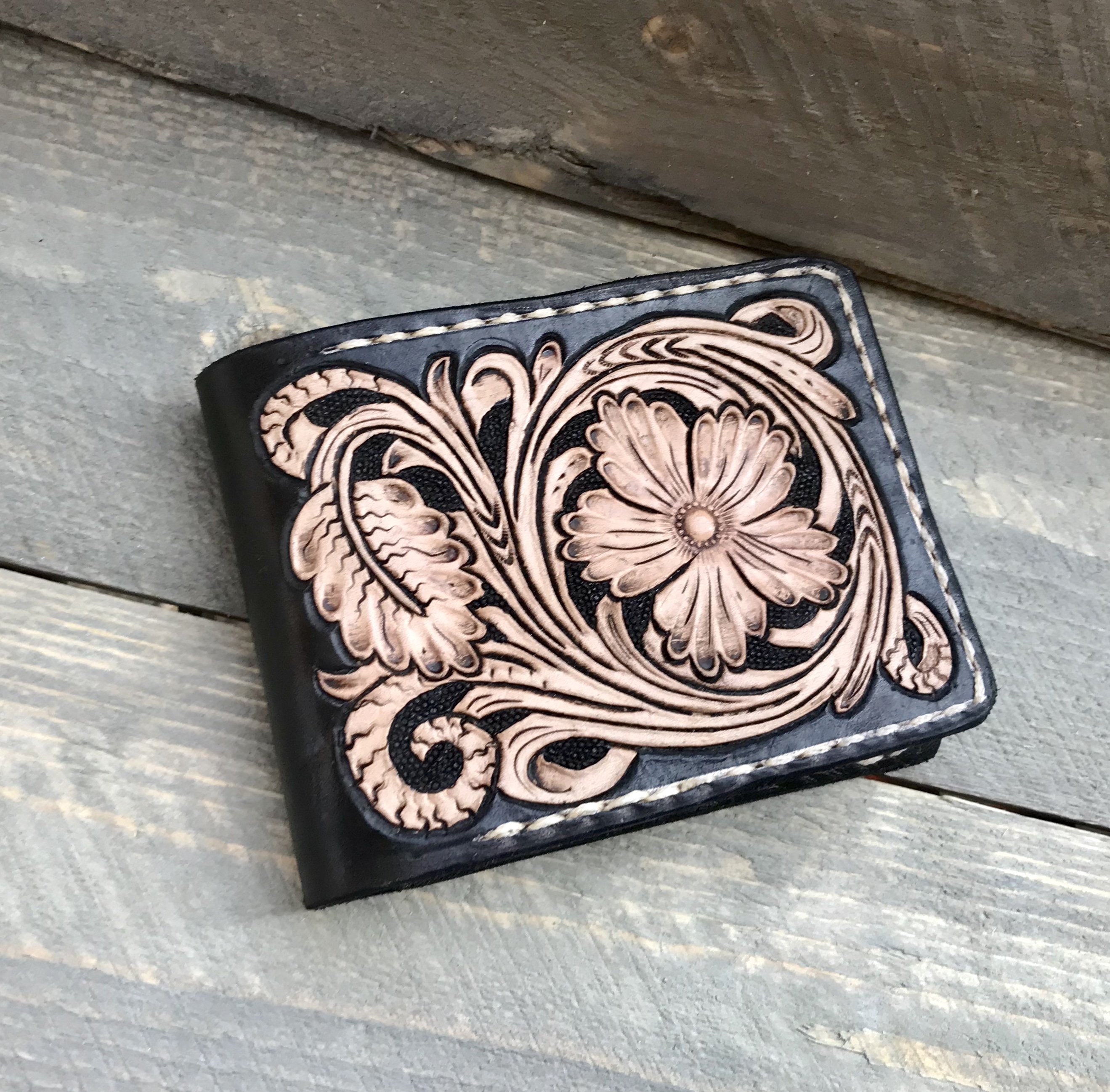 Men's Bifold Floral and Basket Stamped Wallet, Tooled Leather Wallet, Sheridan Tooled Wallet ...
