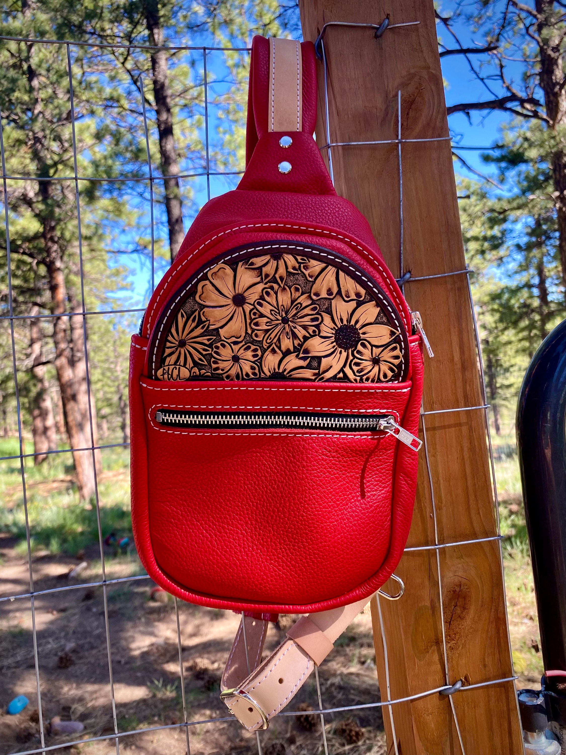 Tooled Leather Red Sling Bag, Wild Flower Western Sling, Summertime ...