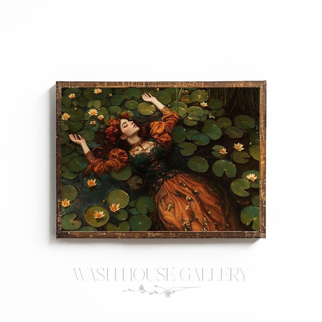 VICTORIAN WALL ART Lilypad Pond Painting Printable Cottagecore Wall Art Lady in the Lake Art ...