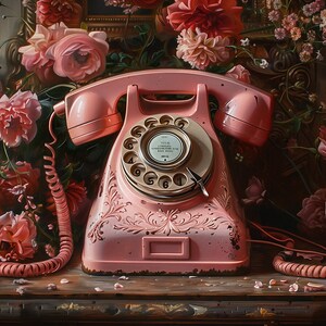 Vintage Pink Telephone and Roses Print | Vintage Telephone | Pink ...