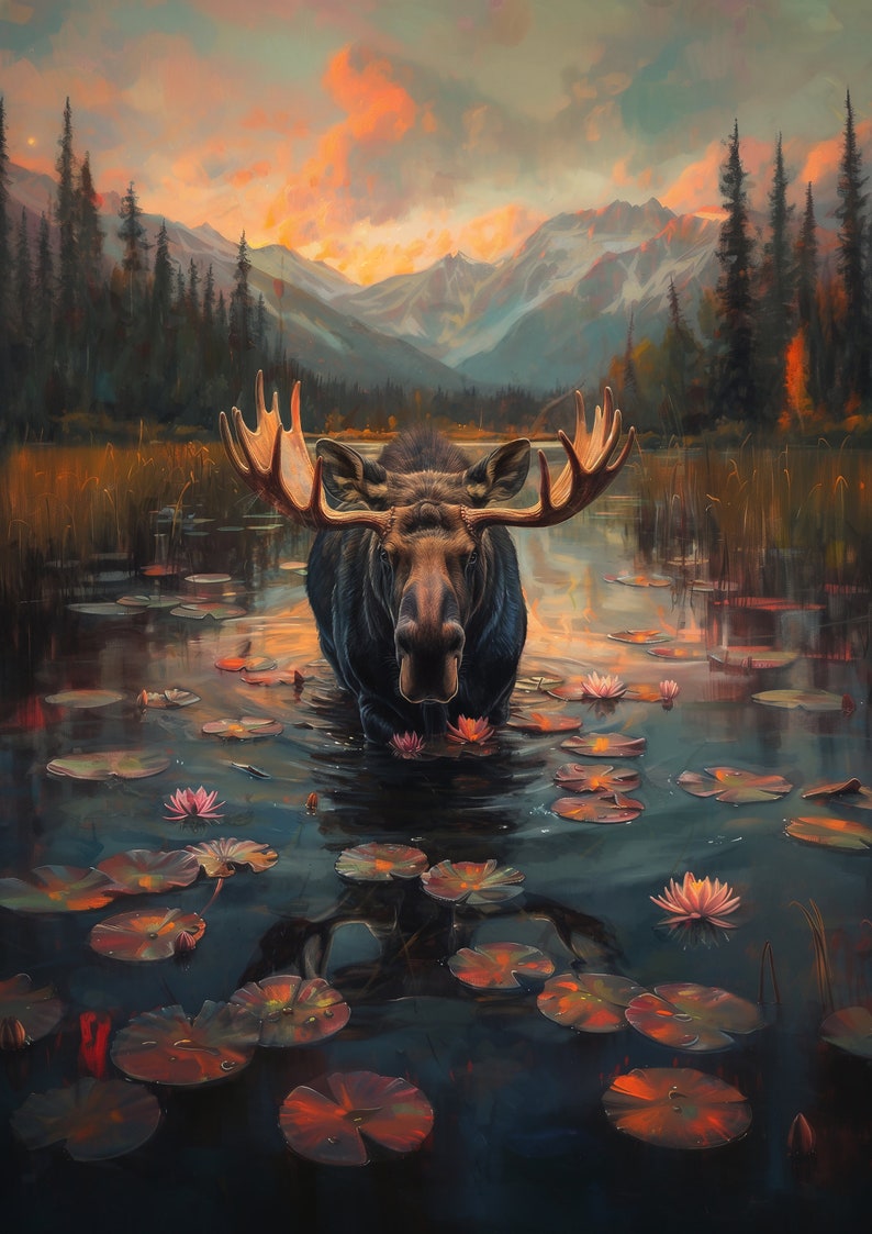 Colorful Wall Art of Alaska, Moose Painting Printable, Cabin Wall Art ...