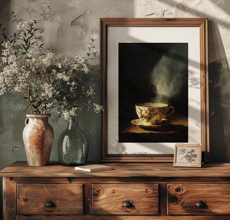 Vintage Teacup Printable Coffee Wall Art Moody Kitchen Decor for Tea ...