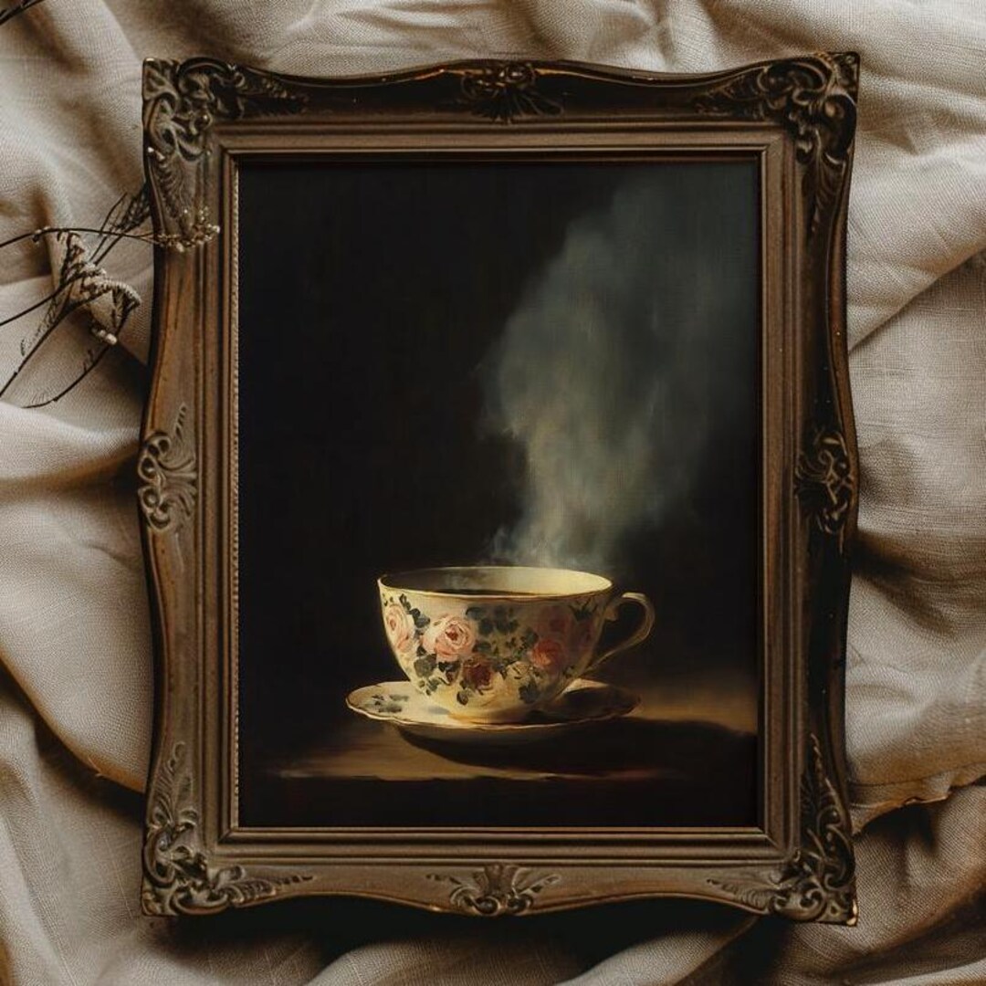 Vintage Teacup Printable Coffee Wall Art Moody Kitchen Decor for Tea ...