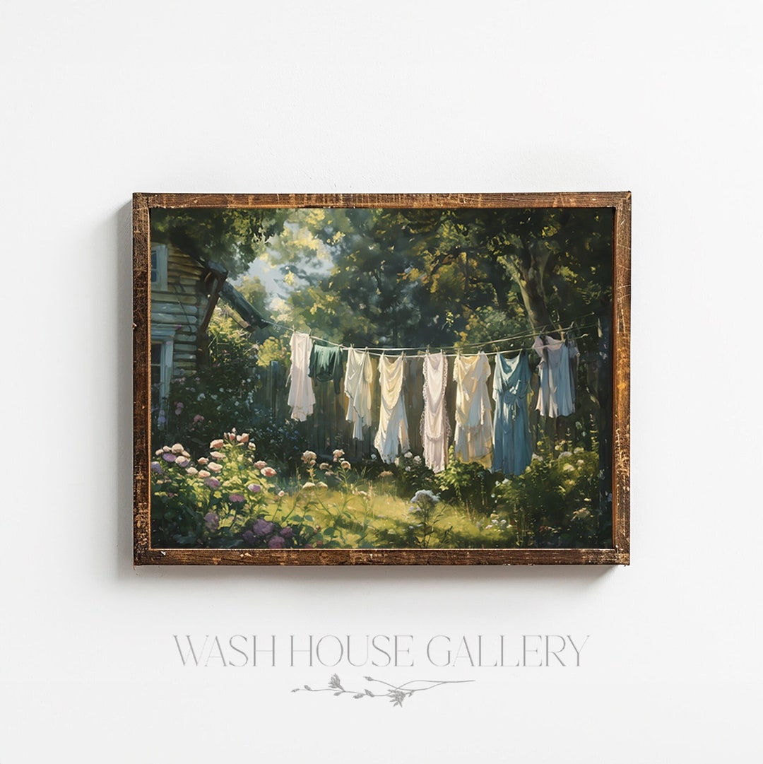 Cottagecore Wall Art, Vintage Clothesline Painting Print, Printable ...