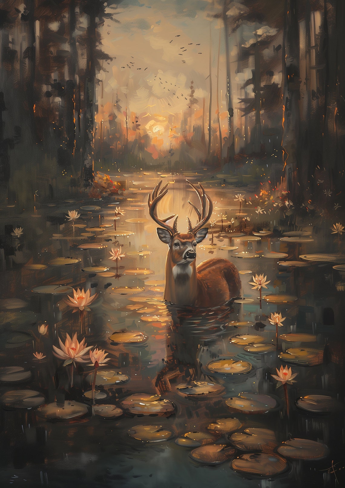 Cabin Decor, Hunting Wall Art, Whitetail Deer Print, Lilypad Pond ...