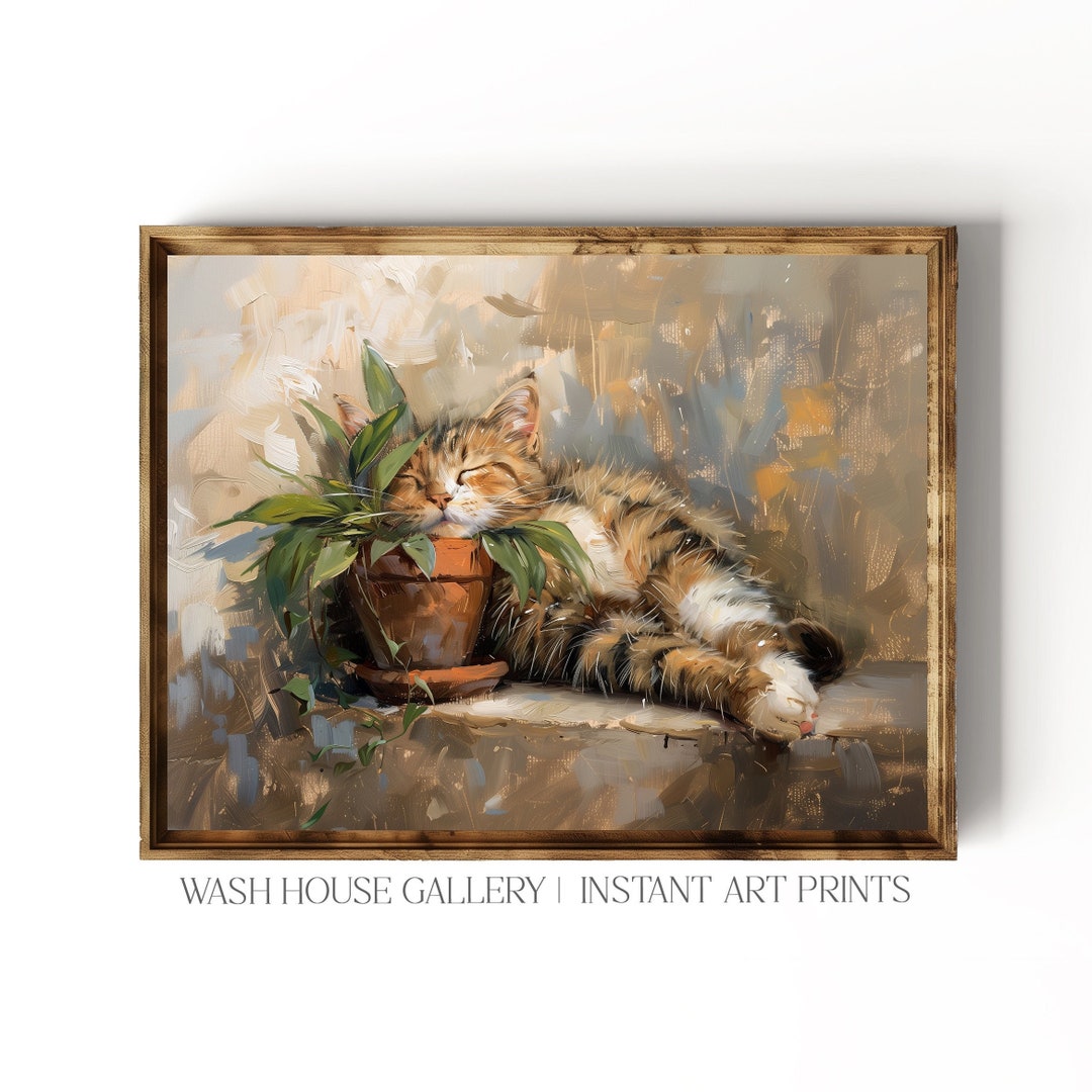 Tabby Cat Sleeping in Potted Plant Print Cottagecore Kitten Printable ...