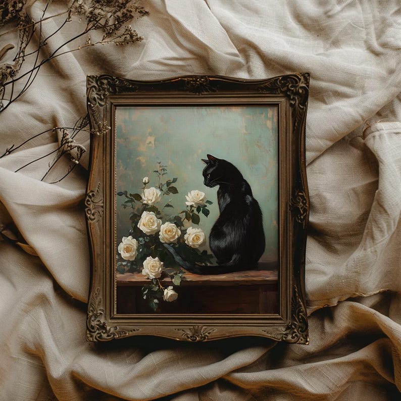 Black Cat Print Cottagecore Cat Wall Art Cottagecore Rose Print Custom ...