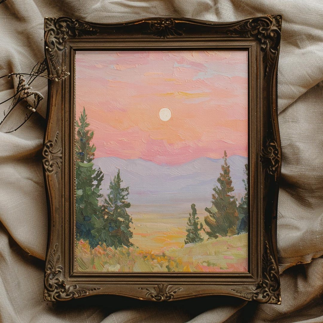 Cottagecore Canvas Art Print: Pastel Cabin Landscape - Etsy