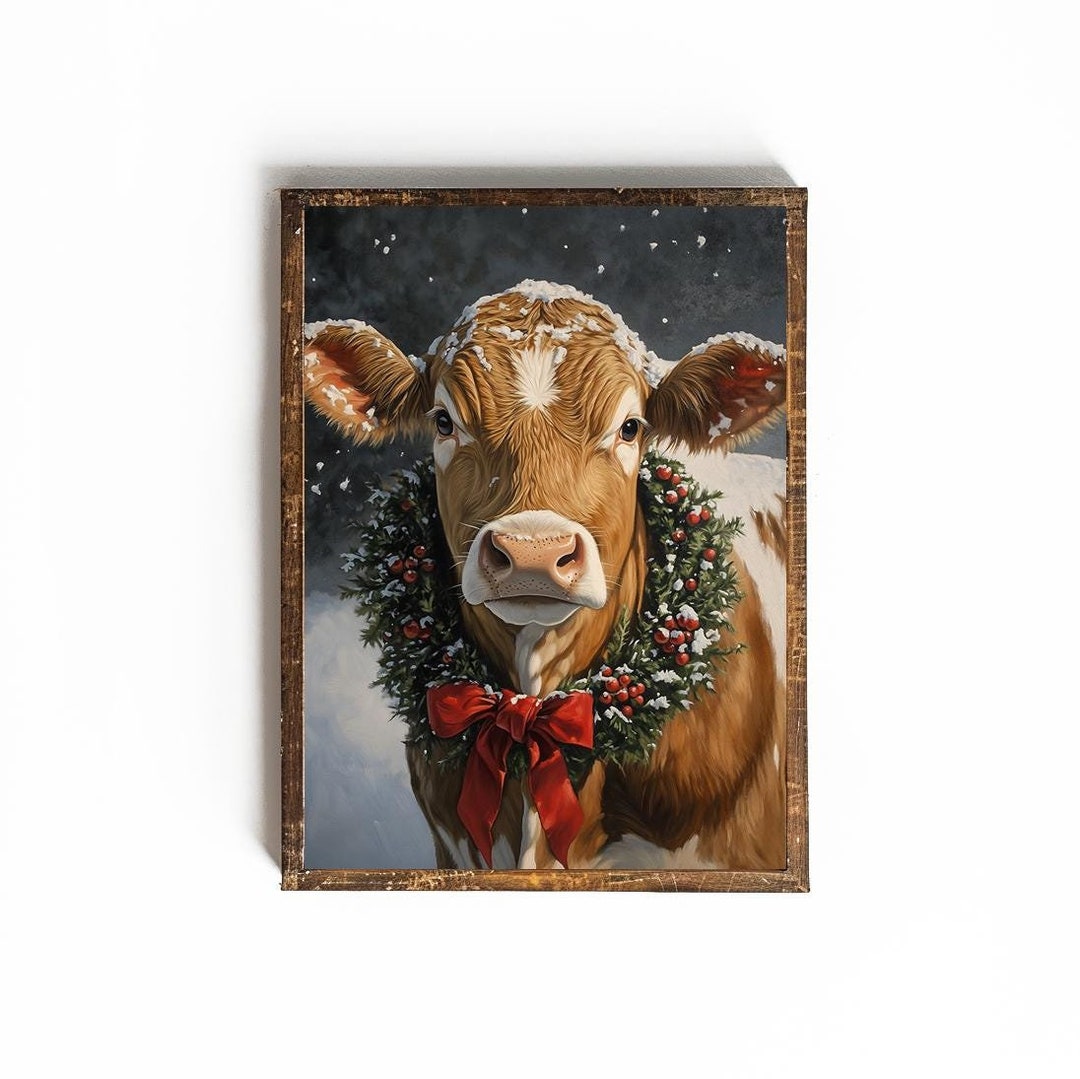 Cow Christmas Print | Farmhouse Wreath, Vintage Style (digital Download ...