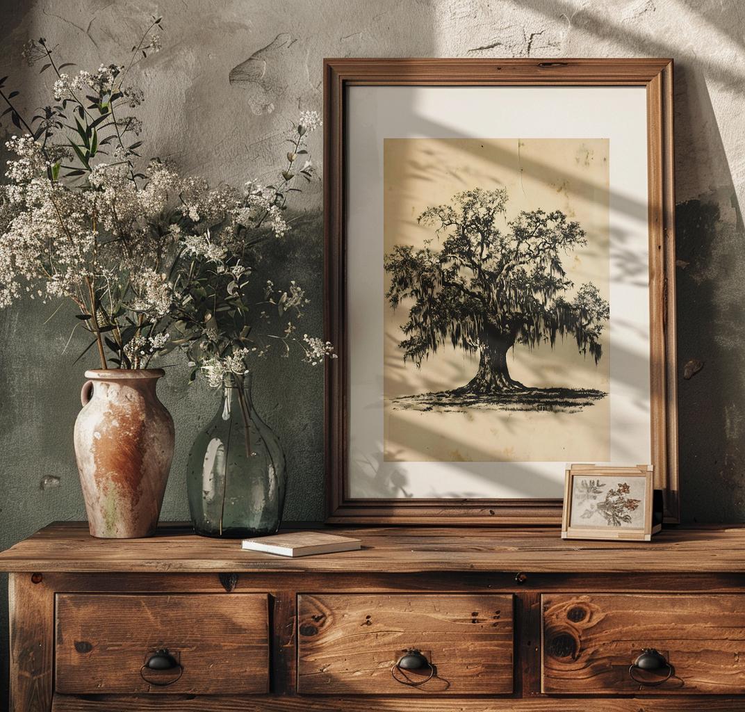 Live Oak Tree Illustration Cottagecore Tree Print Spanish Moss Art ...