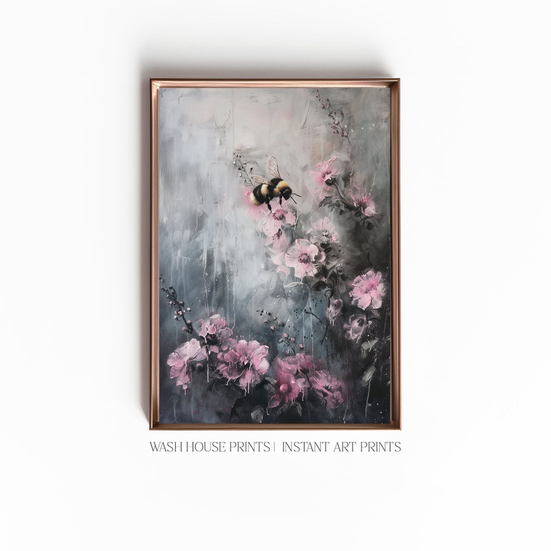Bumble Bee Wall Art Moody Floral Print Bee Painting Printable Honey Bee ...