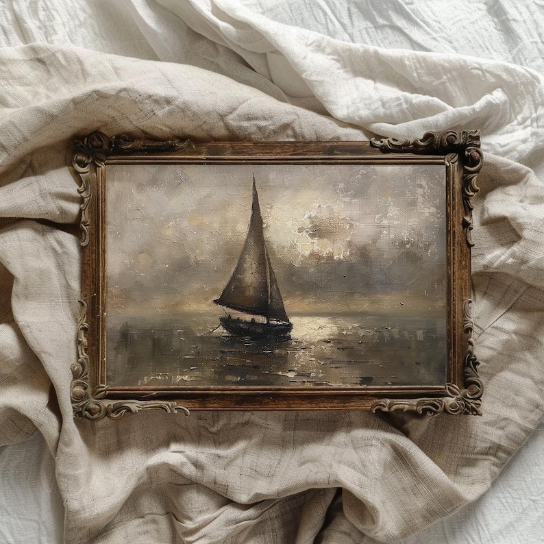 Vintage Sailboat Print: Moody Coastal Cottagecore Wall Art (digital ...