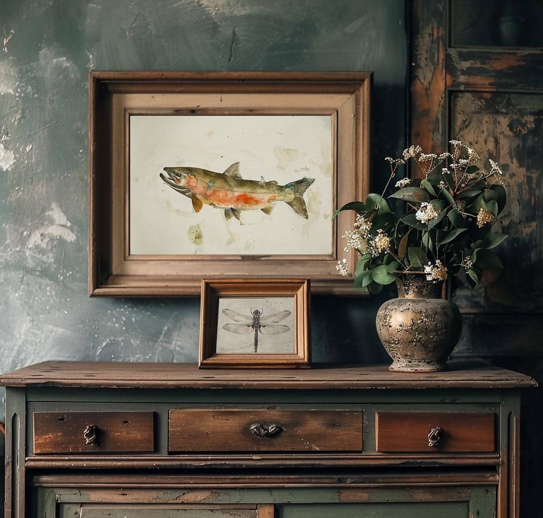 VINTAGE SALMON PRINT Steelhead Salmon Watercolor Art Printable Wall Art ...