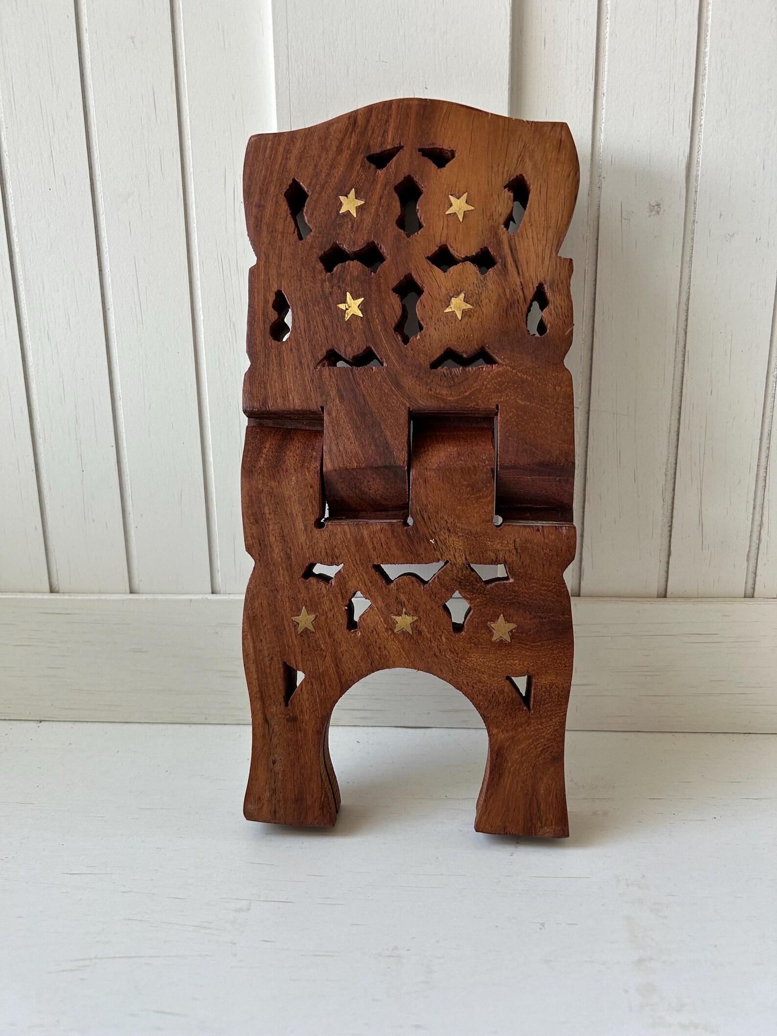 Carved Wood Brass Inlay Book Stand Vintage Recipe Holder Made in India ...