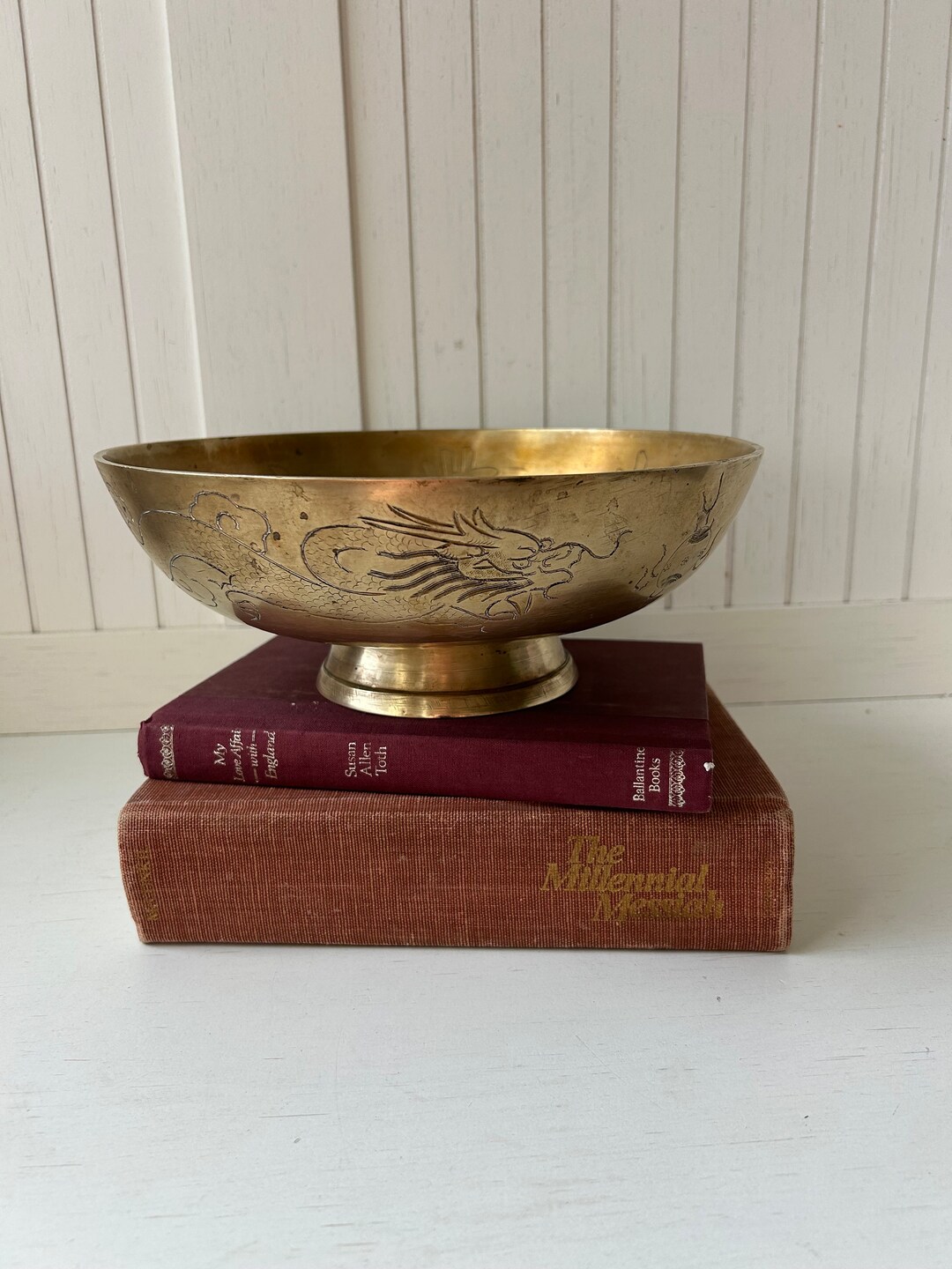 Vintage Etched Dragon Brass Pedestal Bowl Made in China Brass Bowl ...