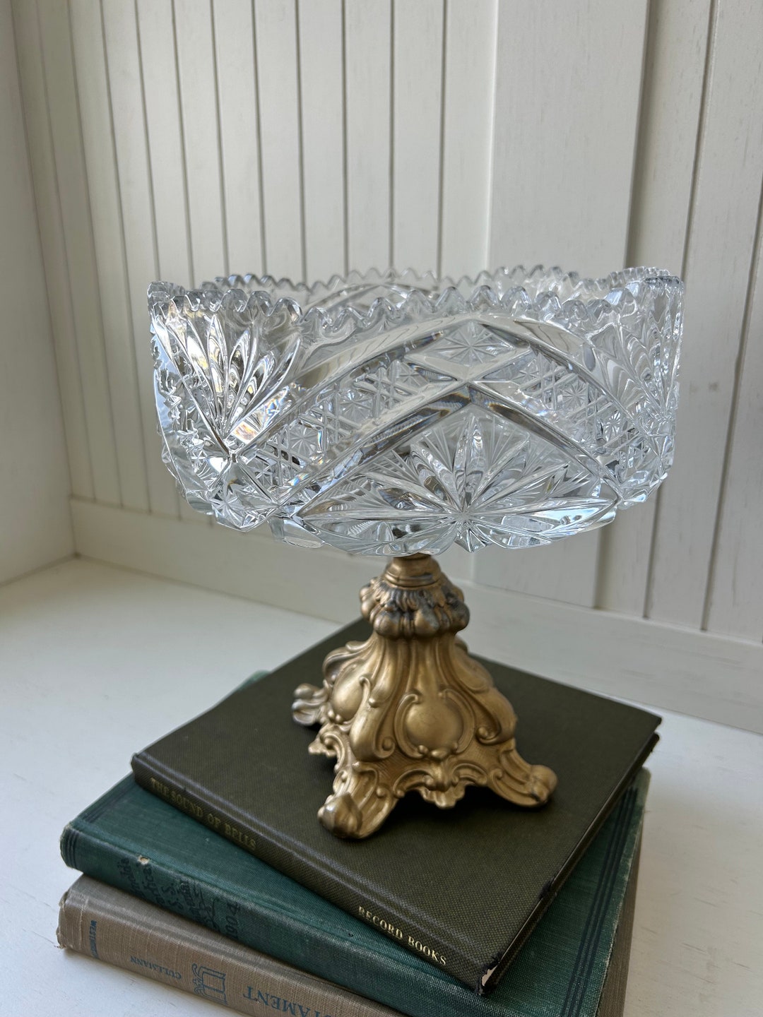 Vintage Crystal Footed Compote Pedestal Bowl Ornate Brass Colored ...