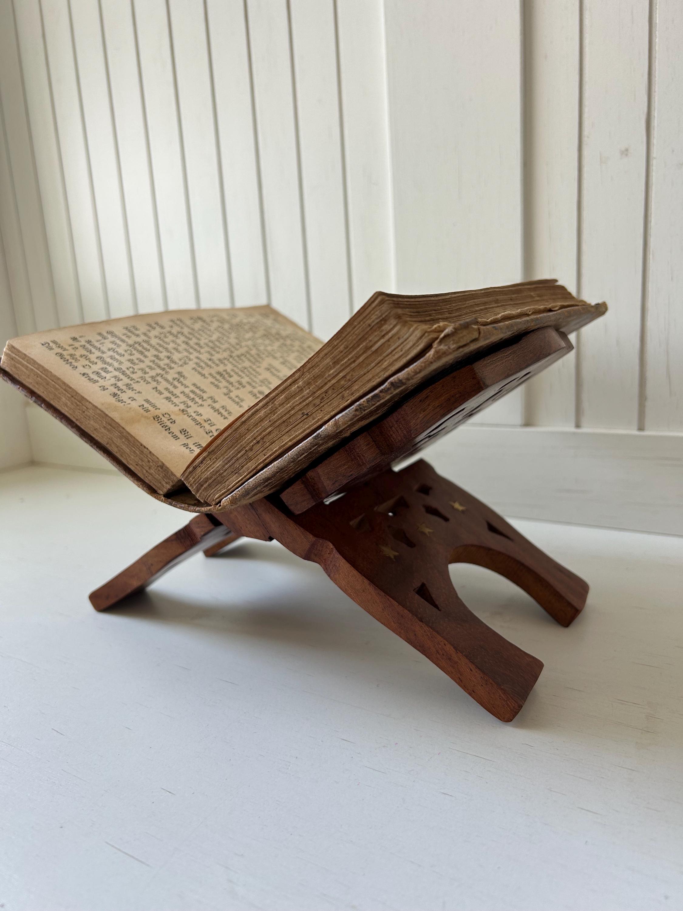 Carved Wood Brass Inlay Book Stand Vintage Recipe Holder Made in India ...