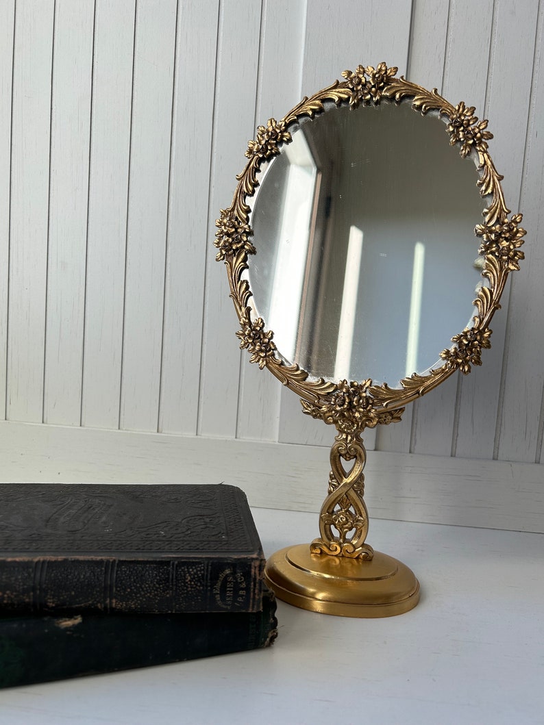 Vintage Ornate Gold Floral Vanity Mirror Brass Metal Gold Toned Swivel ...
