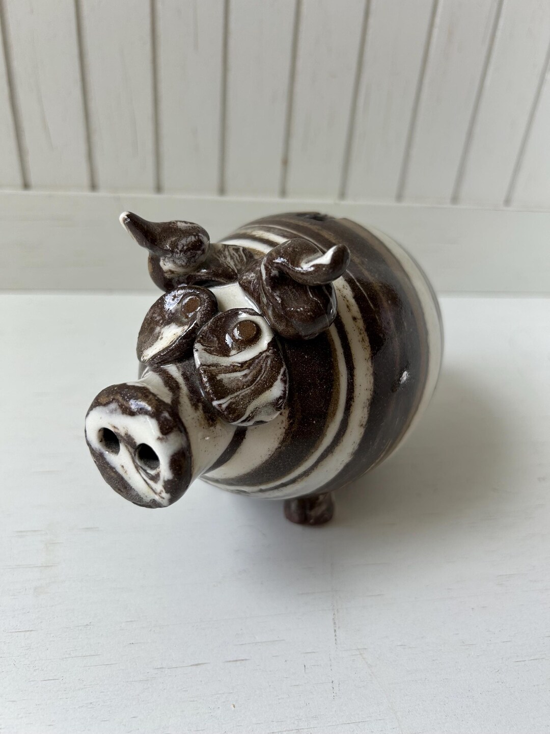 Handmade Ceramic Pig Bank | Brown & White Striped Pottery Figurine ...
