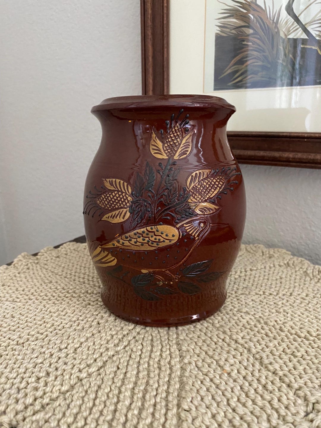 Rare Vintage 1997 Eldreth Pottery Vase Brown Glazed Pottery Bird Vase ...