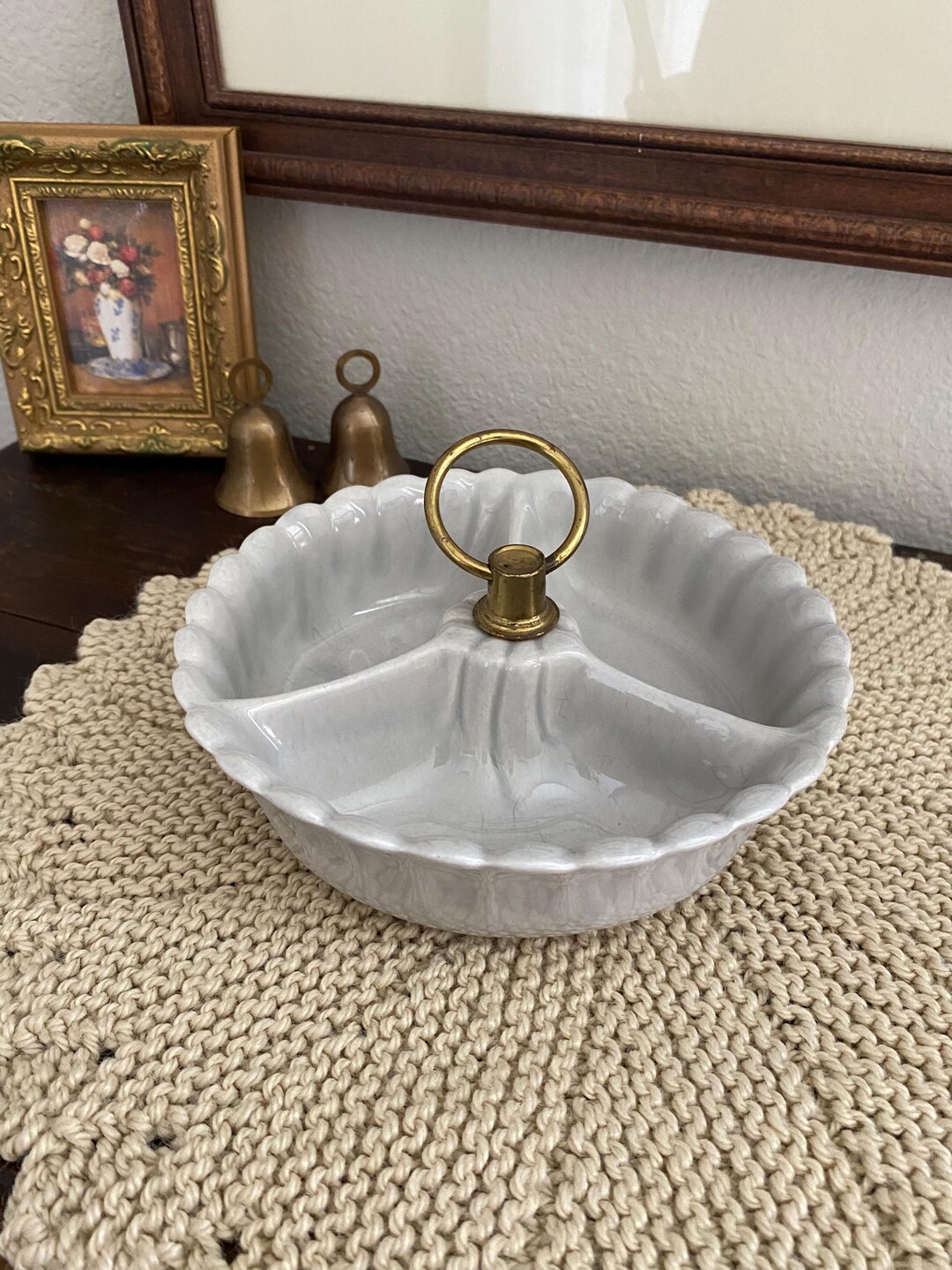 Vintage Relish Dish With Brass Finger Loop Ceramic Divided Dish ...