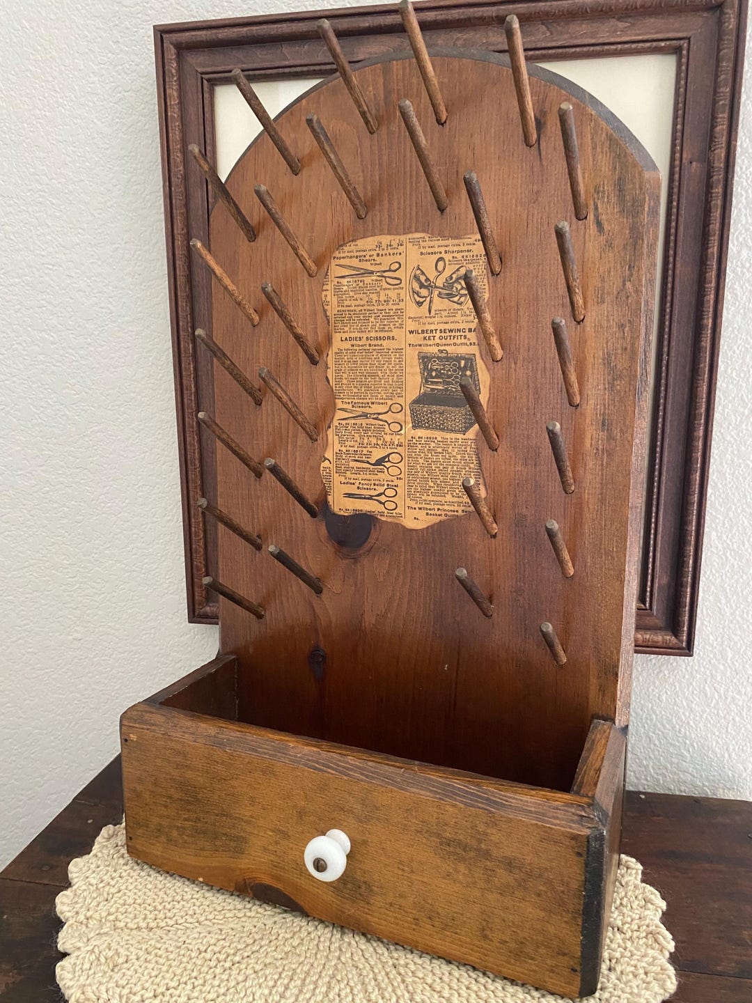 Vintage Handmade 70s Wooden Spool Holder Wall Mount Sewing Storage 28 ...
