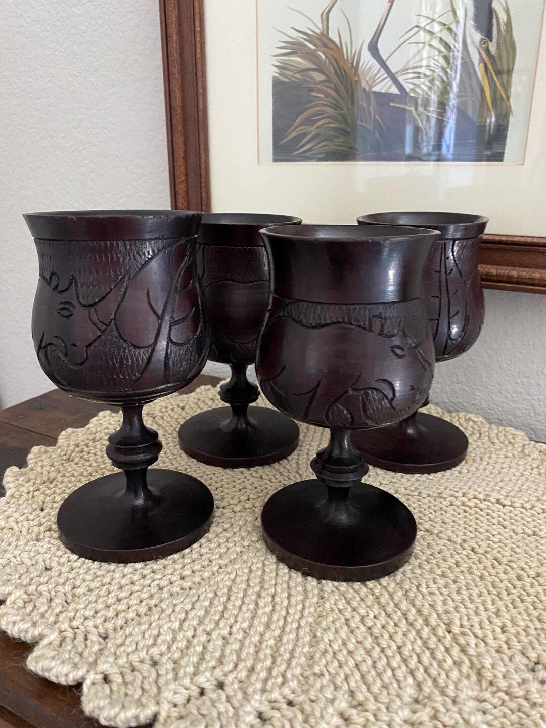 Hand Carved Wood Animal Goblets: Vintage African Art, Set of 4 - Etsy