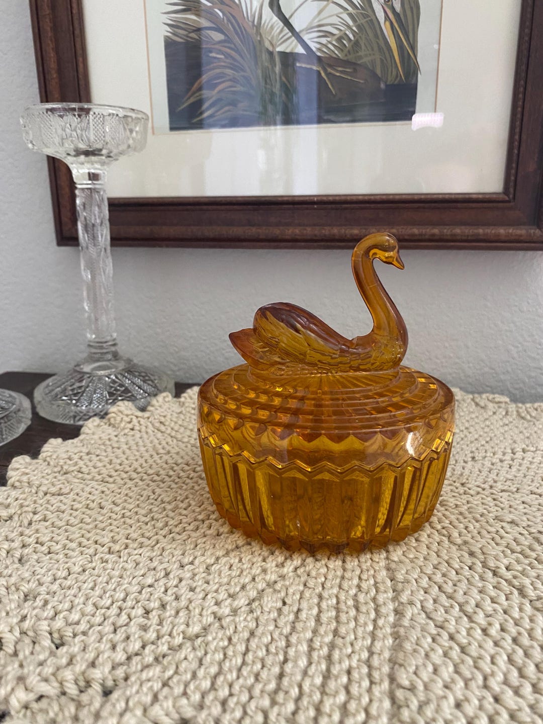 Vintage Jeannette Glass Amberina Glass Swan Powder Jar With Lipstick ...