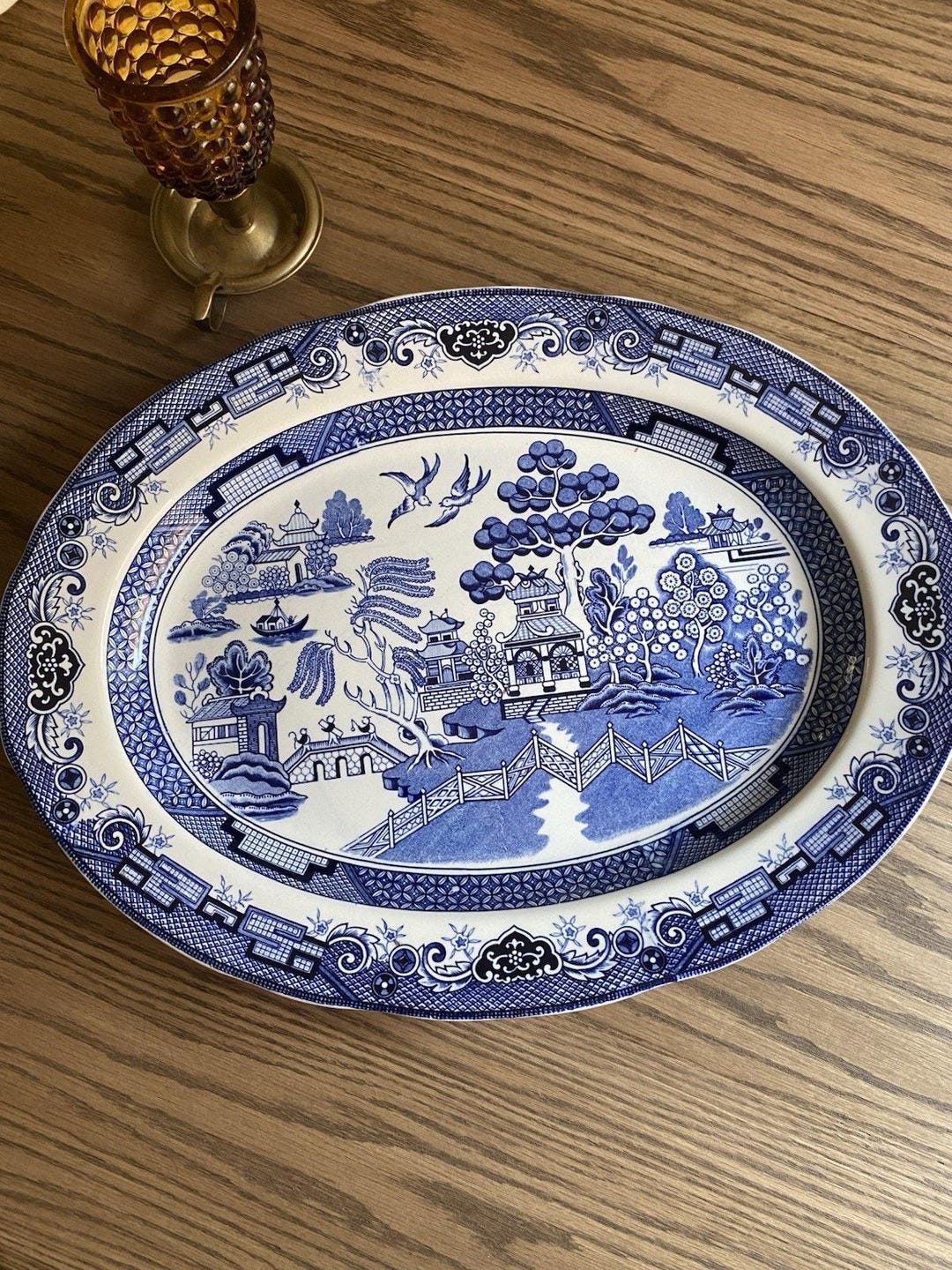 Vintage BLUE WILLOW Large Oval Platter Heritage 18.25" Serving Turkey ...