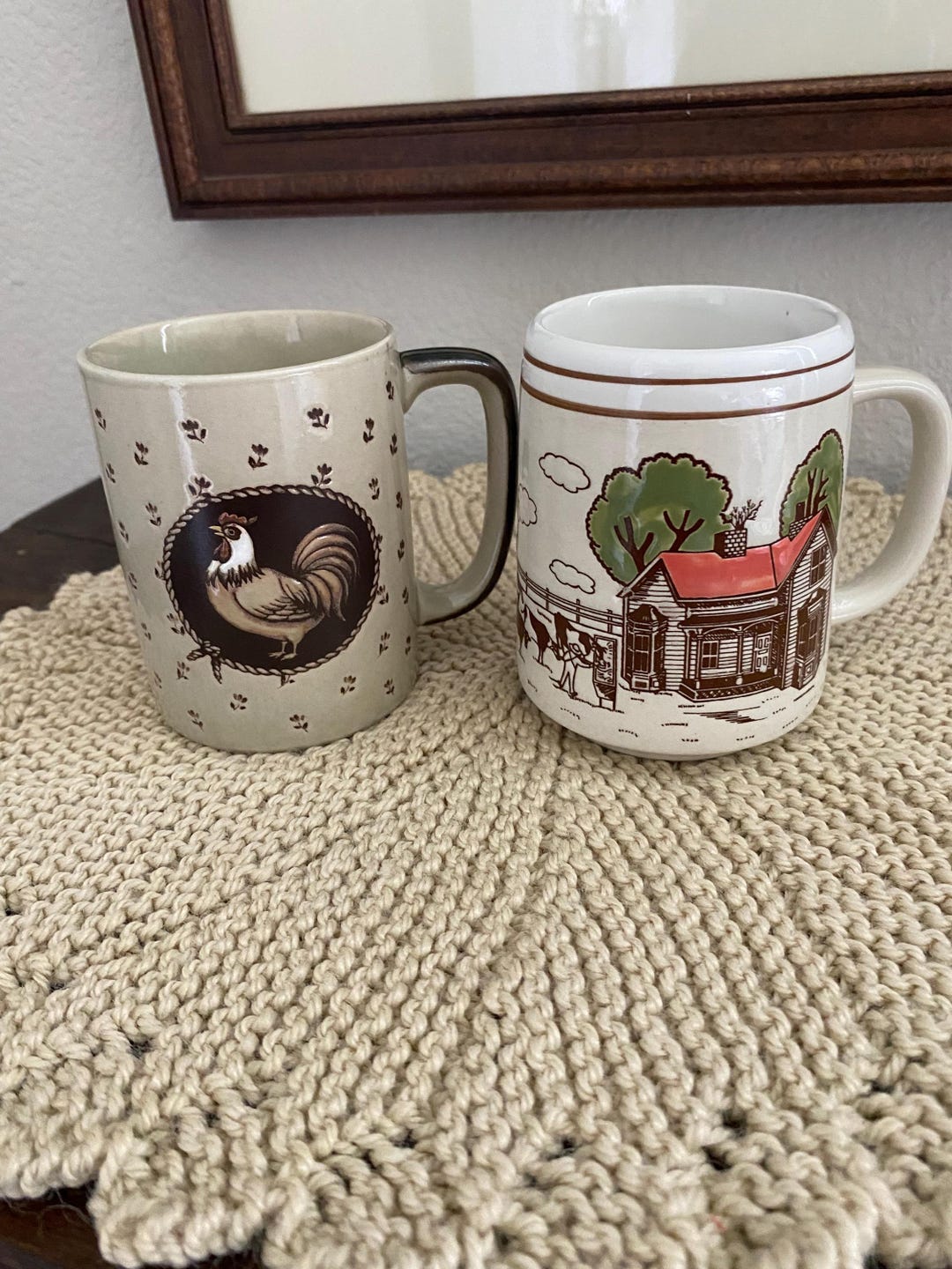 Vintage 1970s Otagiri Mugs Barn Farm Scene Rooster Mug Set Stoneware ...