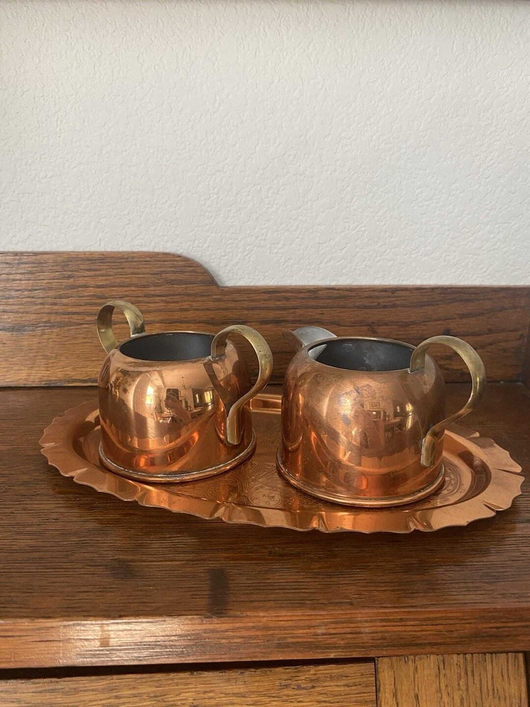 Vintage Coppercraft Guild Embossed Serving Tray Sugar and Creamer Set ...
