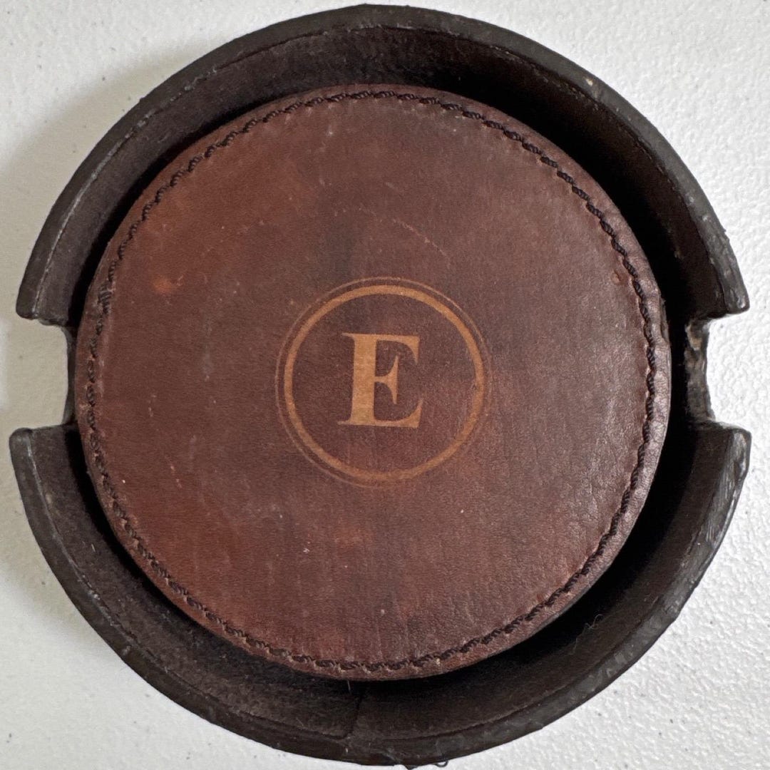 Vintage Leather Monogram E 5*coasters Set With Holder Barware Drinkware ...