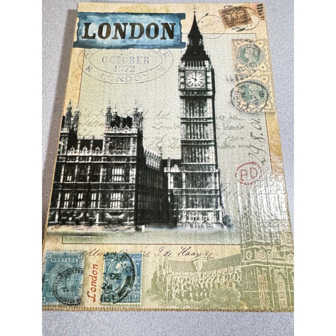 Vintage London Big Ben Travel Canvas Burlap Wall Art October 1972 Stamp ...
