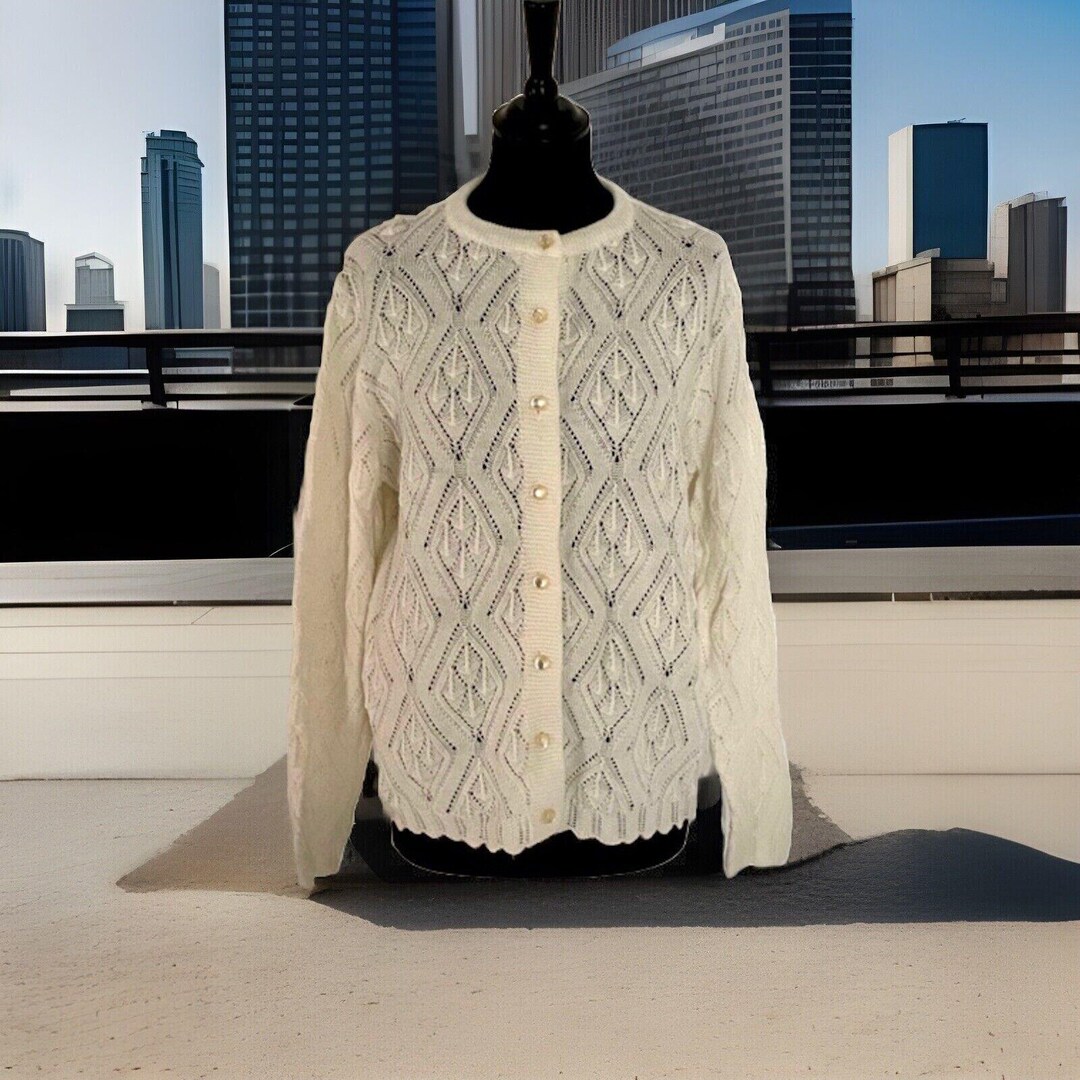 Wintuk Vintage 60s off White Dupont Acrylic Diamond Knit Cardigan Sz S ...