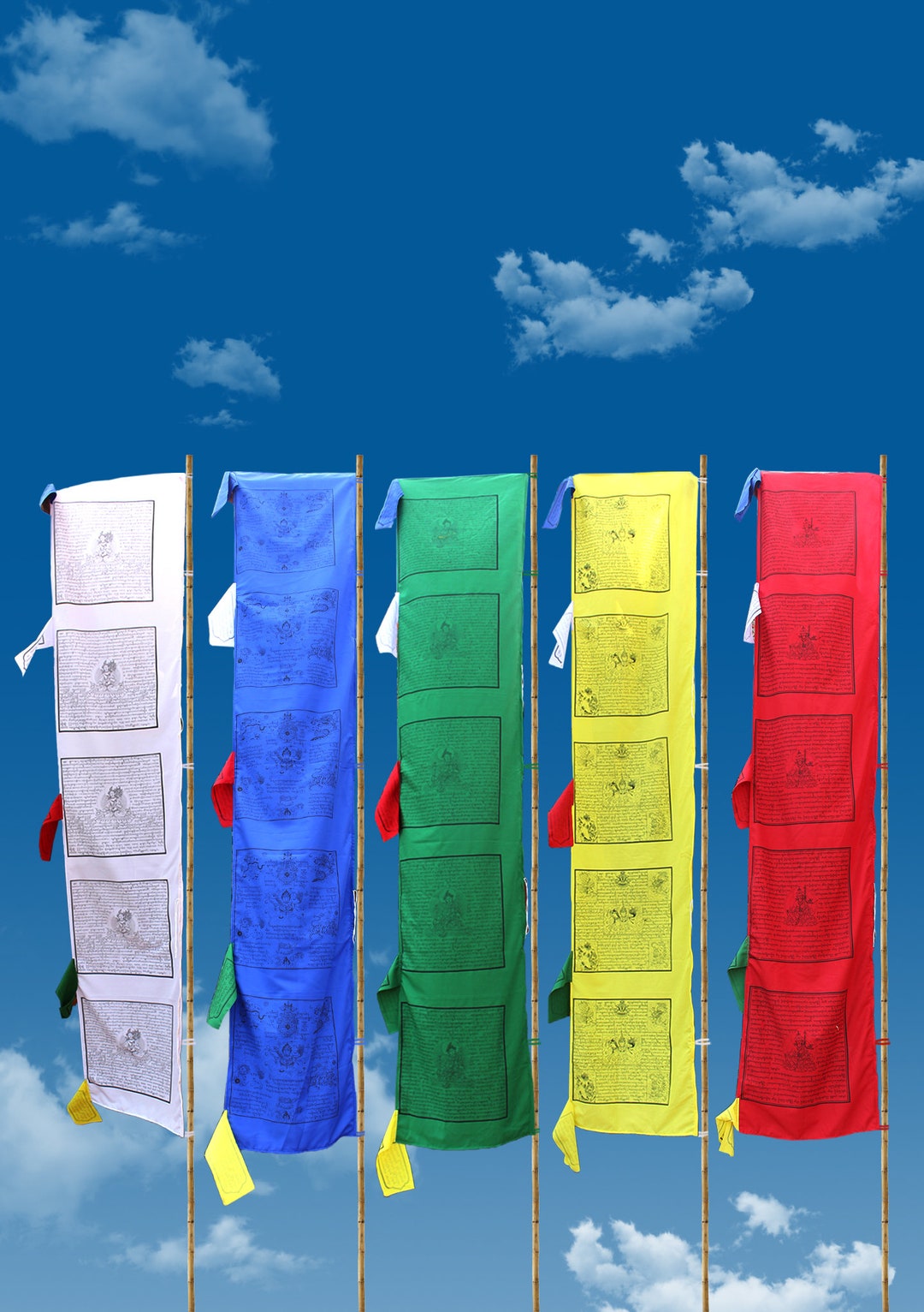 Set of Five Tibetan Deities and Windhorse Printed Vertical Prayer Flags ...