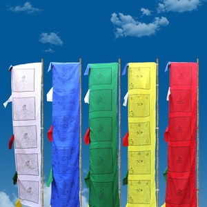 Set of Five Tibetan Deities and Windhorse Printed Vertical Prayer Flags ...