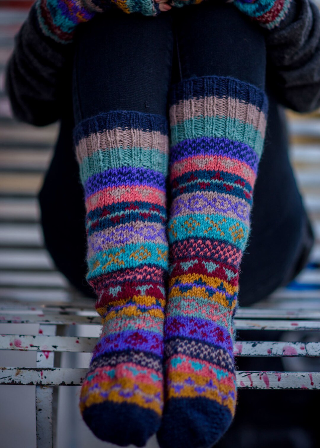 Dark Blue Mixed Color Pure Woolen Knee High Socks - Etsy