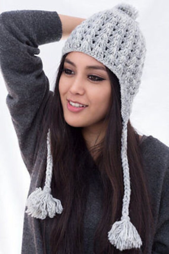 Himalayan 100% Woolen Crocheted Pom Pom Cap gray WOC04 | Etsy