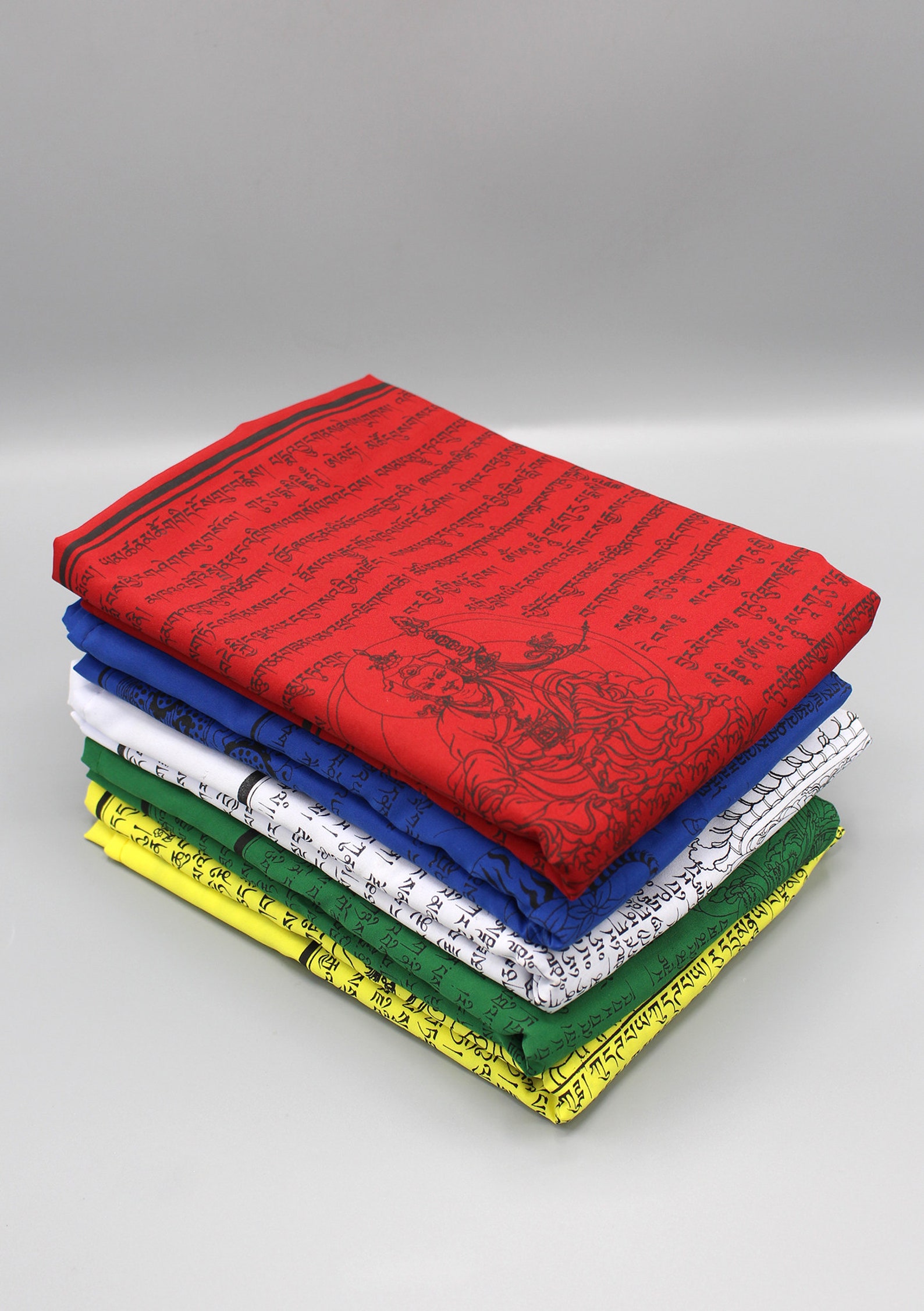 Set of Five Tibetan Deities and Windhorse Printed Vertical Prayer Flags ...