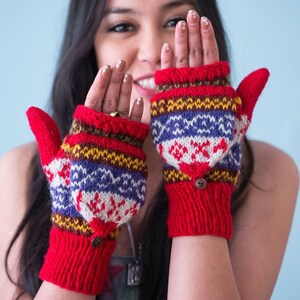 Red Hand Knit Wool Convertible Mittens - Etsy