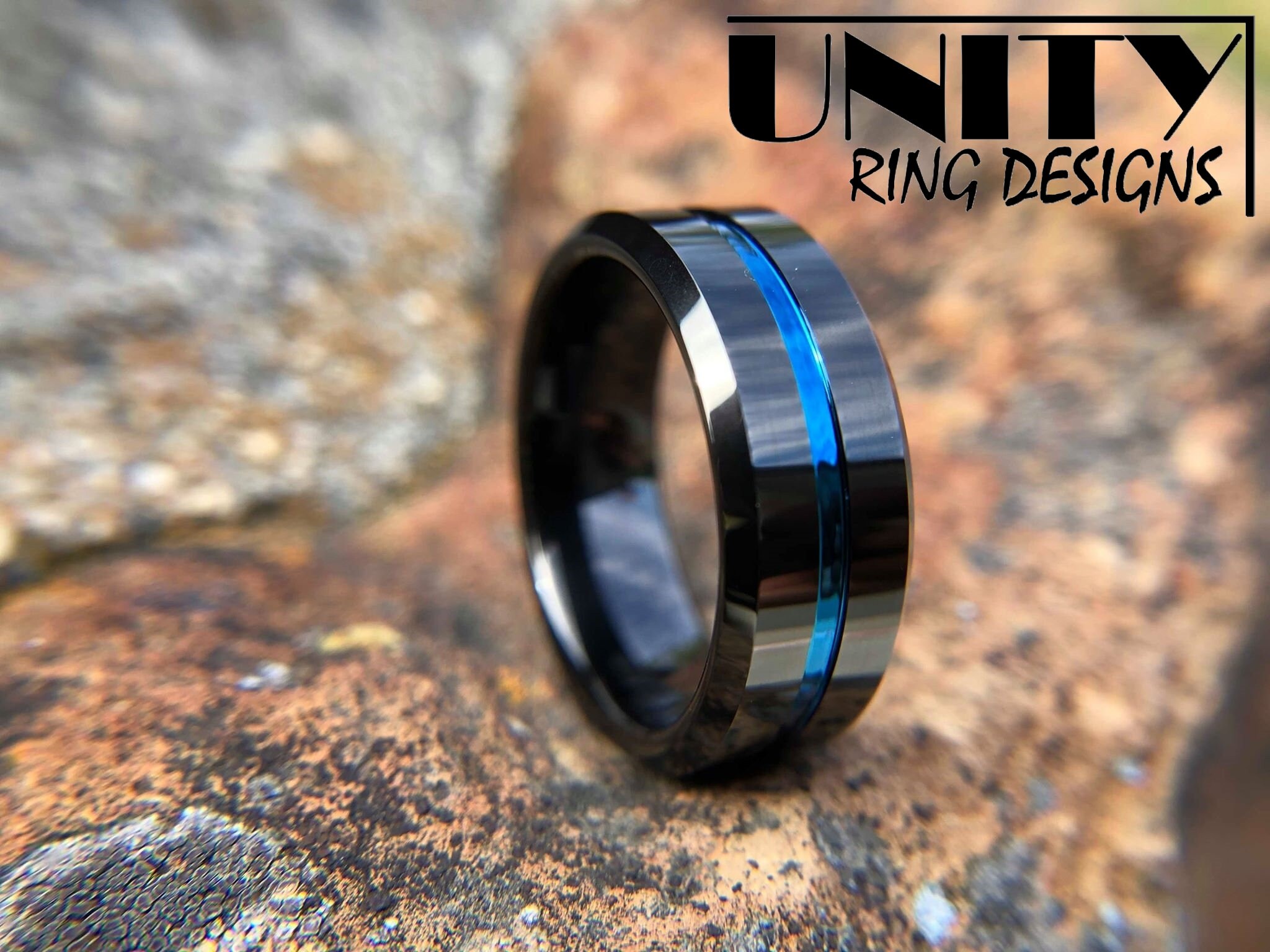 Black and Blue Thin Line Tungsten Ring — Tungsten Rings | Tungsten ...