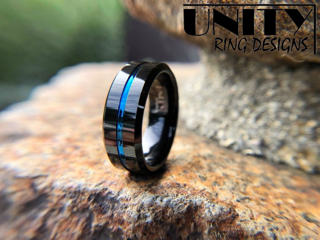 Tungsten Ring Polished Black, Blue Thin Line Tungsten Ring, Black ...