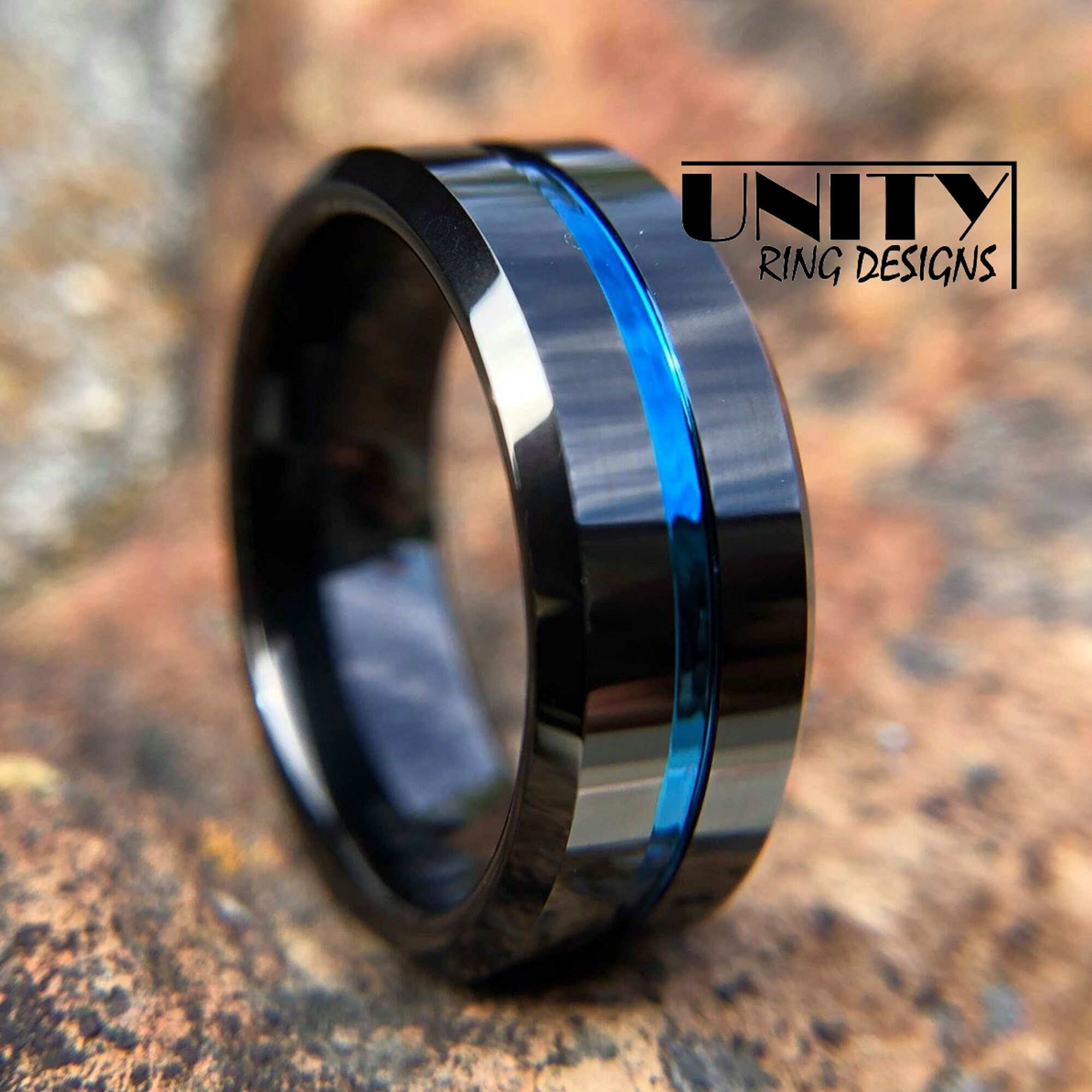 Tungsten Ring Polished Black Blue Thin Line Tungsten Ring - Etsy