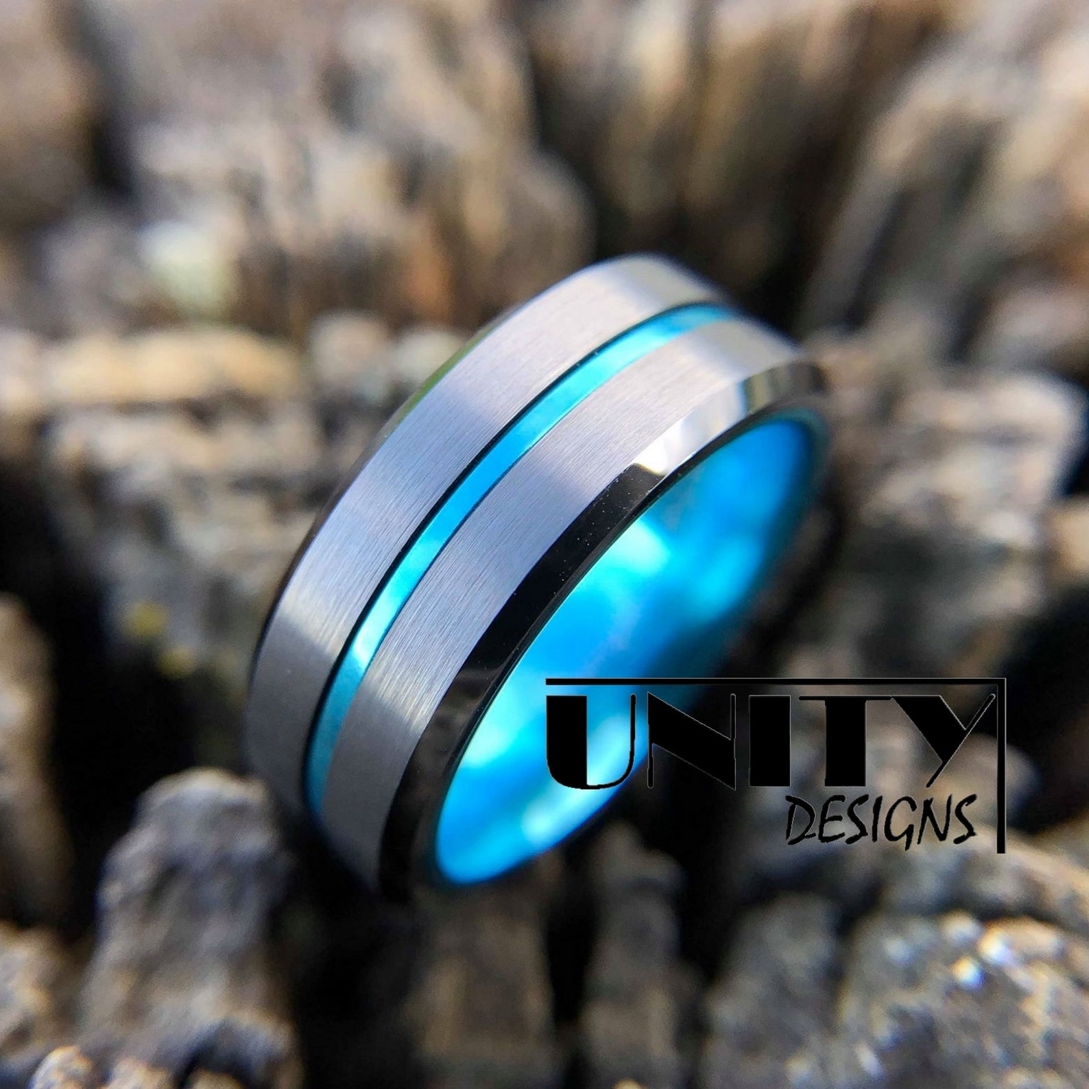 Tungsten Ring NEVER SCRATCH Blue Thin Line Tungsten Ring | Etsy