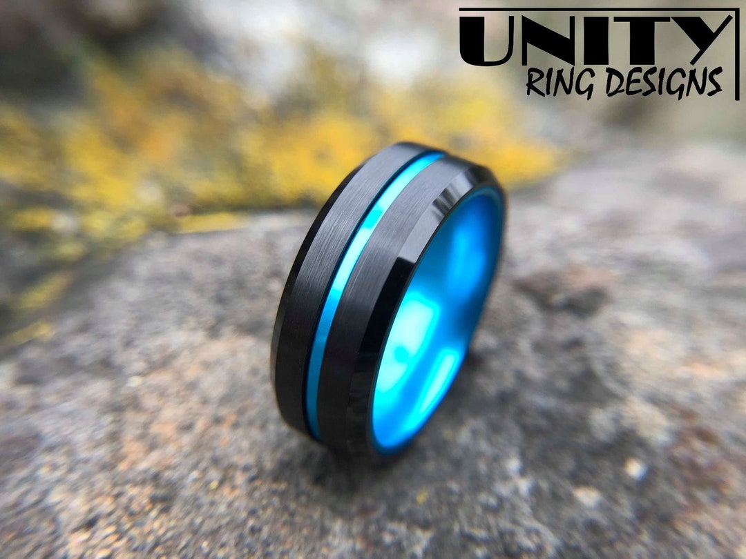Black Blue Tungsten Ring, Blue Thin Line Tungsten Ring, Black Tungsten ...