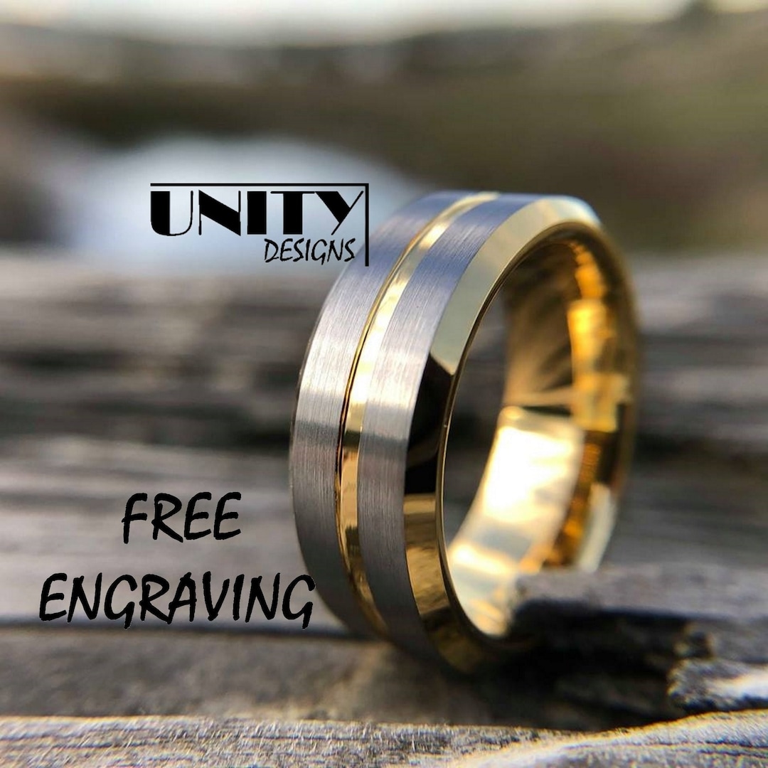 Silver Gold Tungsten Ring, NEVER SCRATCH, Tungsten Ring, Mens Tungsten ...