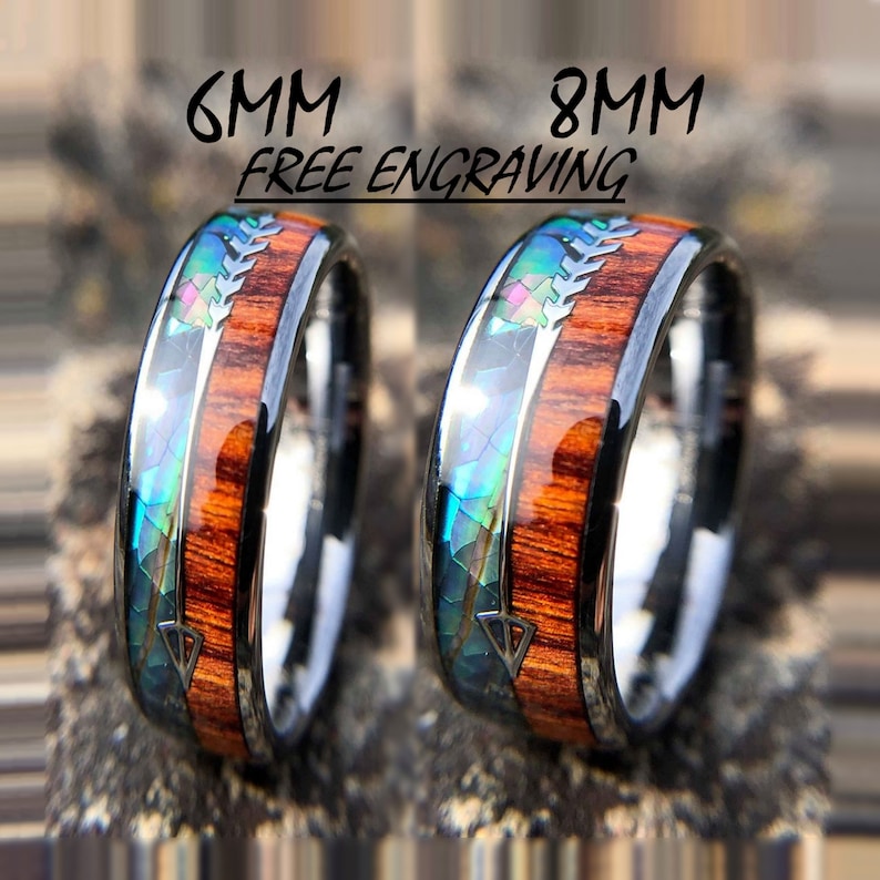 Hawaiian KOA WOOD Ring Real Koa ABALONE Tungsten Ring Silver - Etsy