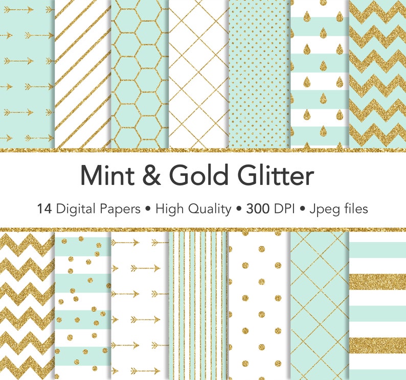 14 Mint and Gold Glitter Digital Papers Printable Papers | Etsy